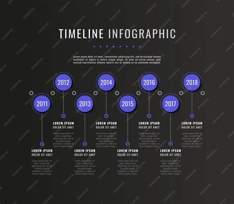 검정색 배경에 8개의 보라색 단계가 있는 수평 비즈니스 인포그래픽 타임라인 템플릿 프리미엄 벡터