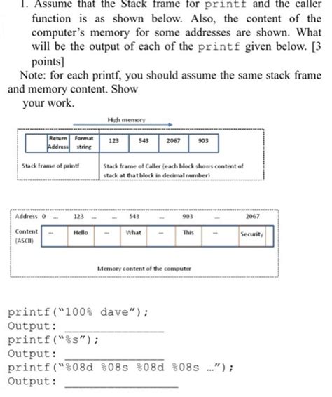 solved 1 assume that the stack frame for printt and the