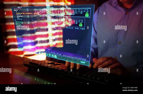Man Typing Computer Keyboard With Futuristic Hologram Screen Abstract