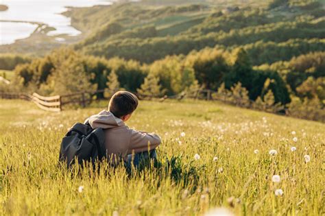 잔디밭의 언덕 꼭대기에 앉아 아름다운 풍경을 즐기는 배낭을 가진 관광객 자연에서 쉬고있는 십대 소년 등산객의 뒷모습 활동적인 라이프 스타일 현지 여행의 개념 12 13세에
