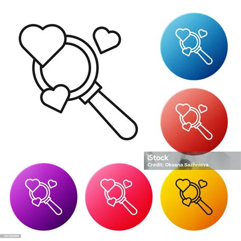 검은 선 흰색 배경에 고립 된 마음과 사랑 아이콘을 검색합니다 내부에 하트 돋보기 아이콘 다채로운 원 버튼을 설정합니다 벡터 일러스트레이션 개념에 대한 스톡 벡터 아트 및