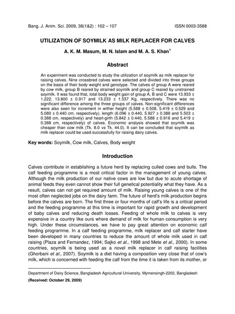 Pdf Utilization Of Soymilk As Milk Replacer For Calves