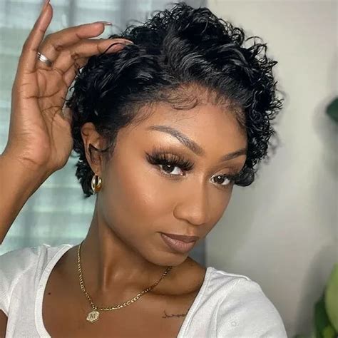 Natural Black Short Curly Hair 13x4 Lace Frontal Wigs New Pixie Cut Hu Lumiere Hair