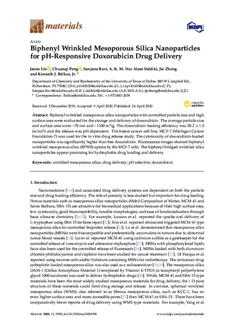 Pdf Biphenyl Wrinkled Mesoporous Silica Nanoparticles For Ph Responsive Doxorubicin Drug Delivery