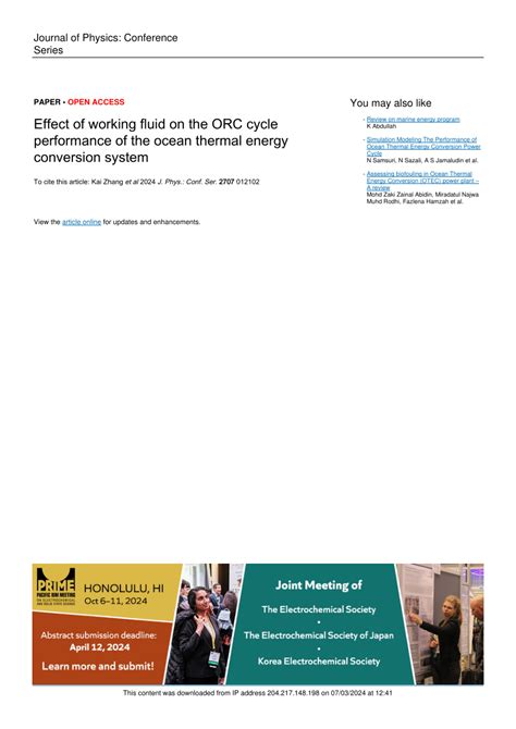 Pdf Effect Of Working Fluid On The Orc Cycle Performance Of The Ocean Thermal Energy