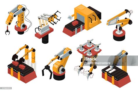 로봇 자동화 3d 아이소 메트릭 메가 세트 아이소메트리 그래픽 디자인 다양한 유형의 수집 요소 자동 제조 및 컨베이어 라인을 위한 로봇 팔 및 도구 벡터 일러스트 레이 션