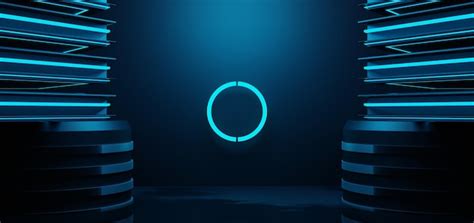 미래형 게임 E스포츠 배경 추상 벽지 사이버펑크 스타일의 공상 과학 게임 무대 콘서트 장면은 받침대 디스플레이 룸에서 네온 빛 빛 3d 그림 렌더링을 이끌었습니다