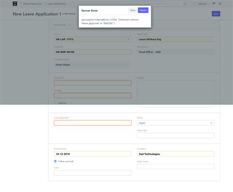 Erpnext V 12 Getting Error On Clicking Leave Approver On Leave
