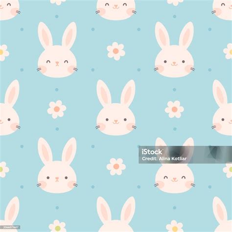 귀여운 흰색 토끼와 꽃이 있는 완벽 한 패턴입니다 행복한 부활절 안녕 봄 평면 스타일의 벡터 일러스트 레이 션 부활절 토끼에 대한 스톡 벡터 아트 및 기타 이미지 Istock