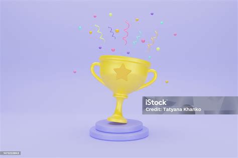 파란색 배경에 색종이 조각이 있는 황금 컵을 가진 우승자 시상식 승리 성공 개념 3d 렌더링 1위에 대한 스톡 사진 및 기타 이미지 Istock
