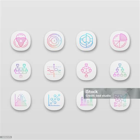 다이어그램 앱 아이콘 설정 정보의 개략적 표현 통계 데이터 시각화 분석 보고서 Ui Ux 사용자 인터페이스 웹 또는 모바일 응용 프로그램입니다 벡터 절연 일러스트레이션 개체