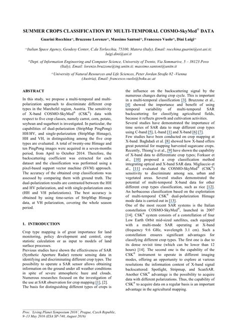 Pdf Summer Crops Classification By Multi Temporal Cosmo Skymed ® Data