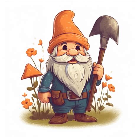 Мультяшный гном с лопатой и сумкой в руке генеративный ай Премиум Фото