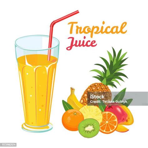 빨대와 유리 컵에 열대 과일 주스 흰색 배경에 고립 만화 간단한 플랫 스타일로 파인애플 오렌지 바나나 망고와 키위 음료의 벡터 그림 주스에 대한 스톡 벡터 아트 및 기타