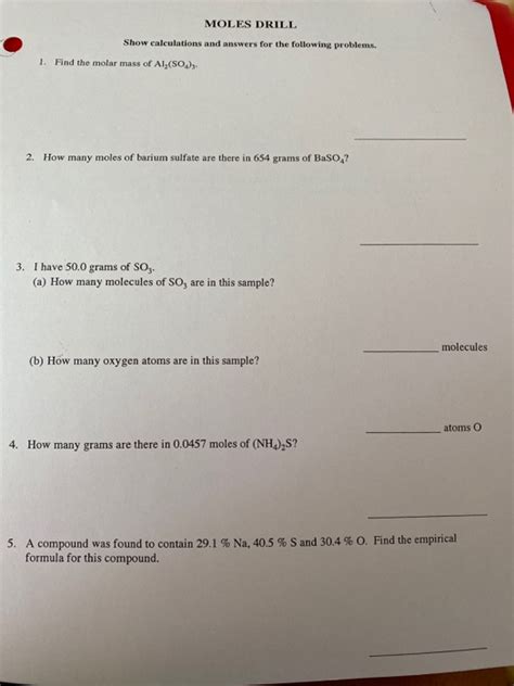Solved MOLES DRILL Show Calculations And Answers For The Chegg Com
