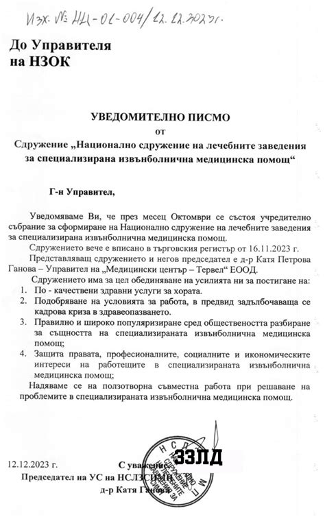 УВЕДОМИТЕЛНО ПИСМО от Сдружение „Национално сдружение на лечебните заведения за специализирана