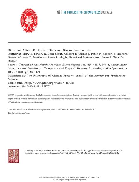 Pdf Biotic And Abiotic Controls In River And Stream Communities
