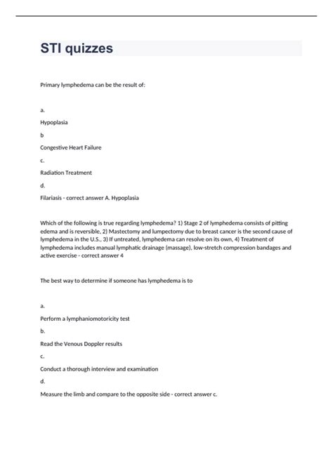 Sti Quizzes Questions With Complete Solution 2023 2024 Lymphedema Stuvia Us