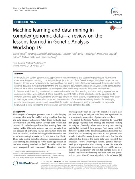 Pdf Machine Learning And Data Mining In Complex Genomic Data—a Review