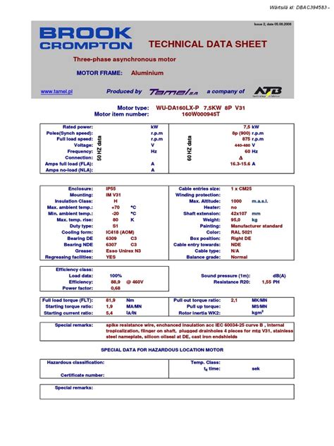 Technical Data Sheet Three Phase Asynchronous Motor Aluminium Pdf Electric Motor Machines