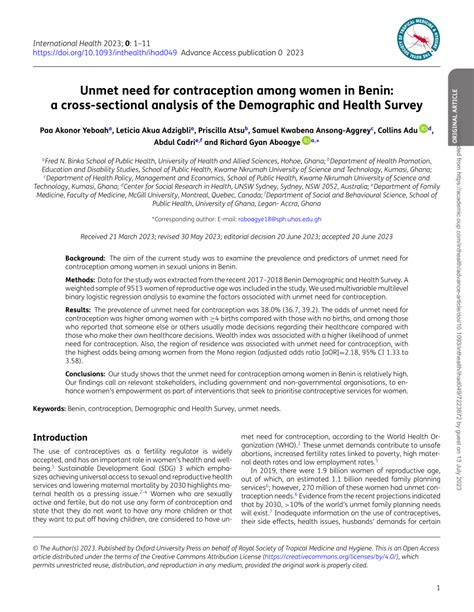 Pdf Unmet Need For Contraception Among Women In Benin A Cross Sectional Analysis Of The