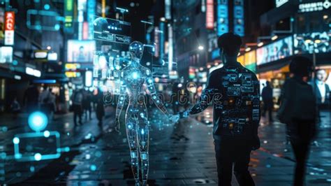 Humans And Ai Robots Coexisting In Futuristic City Aig60 Stock Illustration Illustration Of