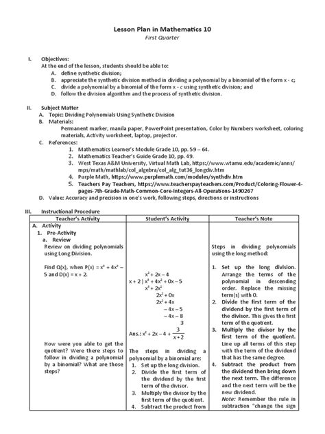 Lesson Plan In Mathematics 10 Pdf Division Mathematics Arithmetic
