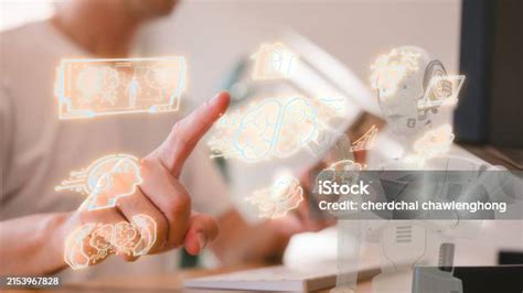 Ai 기술 인공 지능 기술을 사용하는 사람 스마트 로봇 Ai 인공지능 입력 명령 프롬프트 생성 미래형 기술 전환 개발에 대한