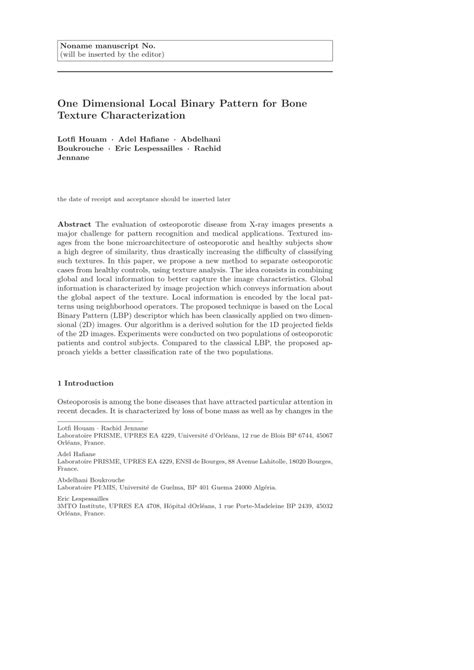 Pdf One Dimensional Local Binary Pattern For Bone Texture Characterization