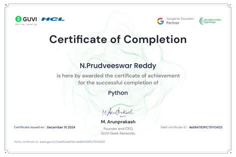 Python Certification Guvi Programming Softwaredevelopment Prudveeswar Reddy
