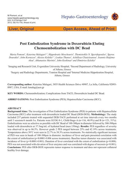 Pdf Post Embolization Syndrome In Doxorubicin Eluting Chemoembolization With Dc Bead
