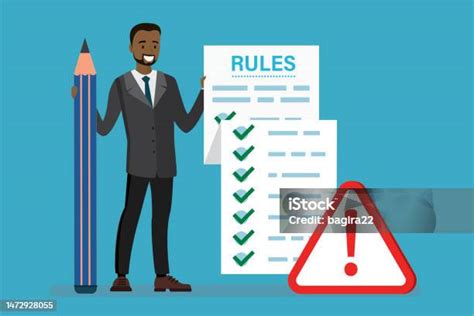 아프리카 계 미국인 사업가는 규칙 및 규정 문서 작성을 마칩니다 직원이 따라야 할 정책 및 지침 법적 용어 기업 규정 준수 또는 법률 표준 절차 금지됨에 대한 스톡 벡터