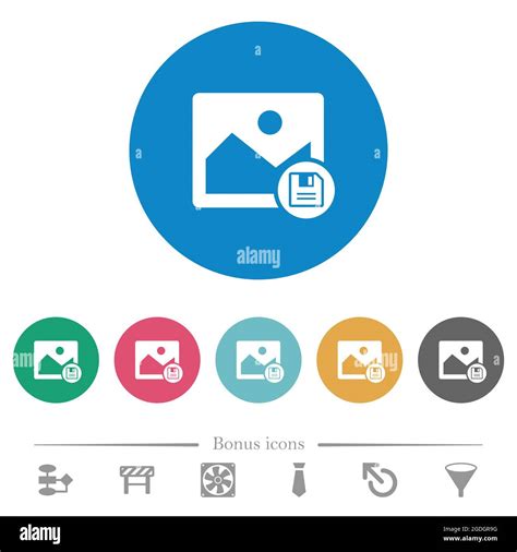 Save Image Flat White Icons On Round Color Backgrounds 6 Bonus Icons Included Stock Vector