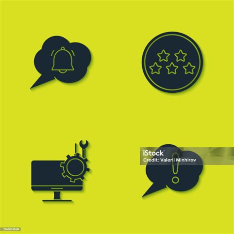 말풍선 채팅 알림 느낌표 컴퓨터 모니터 서비스 및 별 5개 등급 검토 아이콘을 설정합니다 벡터 1위에 대한 스톡 벡터 아트 및 기타 이미지 Istock