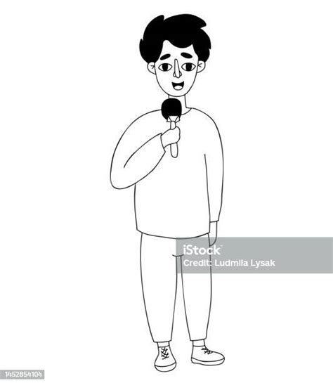 마이크를 들고 이끄는 남자 기자 선형 낙서의 벡터 그림입니다 개념적 남성 캐릭터 현대 직업 및 저널리즘 작업 및보고 미디어 및 텔레비전 가공의 인물에 대한 스톡 벡터 아트