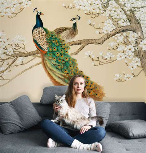 Light Beige Wallpaper With Peacocks And White Magnolia Tree Vintage