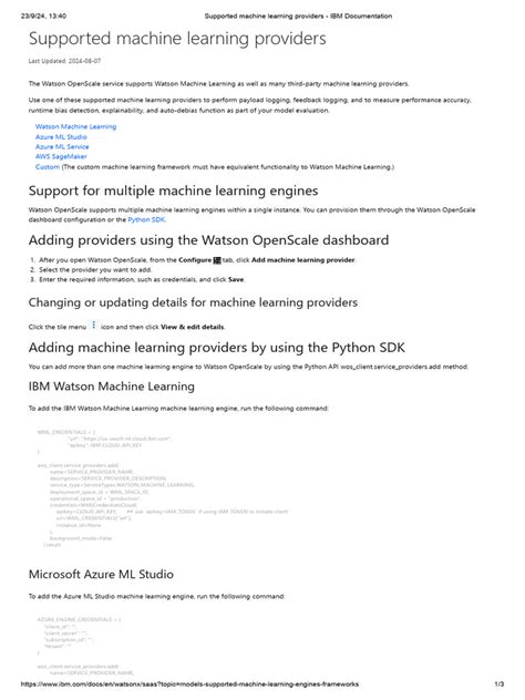 Supported Machine Learning Providers Ibm Documentation Pdf