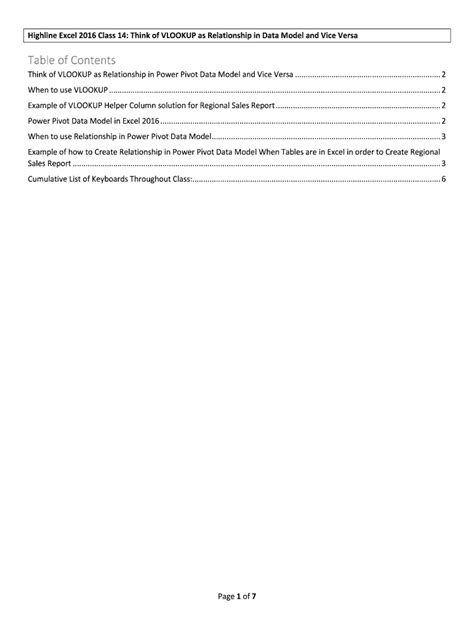 Fillable Online Highline Excel 2016 Class 14 Think Of Vlookup As