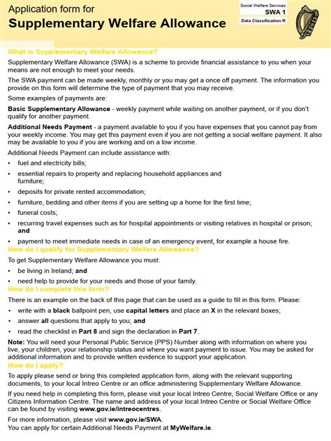 Application Form Supplementary Welfare Allowance Swa1 Pdf