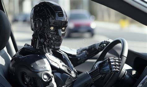 Futuristic Humanoid Robot Driving Car Showcasing Advanced Ai Technology And Sleek Design Urban