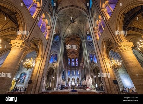 Interior Of Notre Dame De Paris Medieval Gothic Cathedral In Paris
