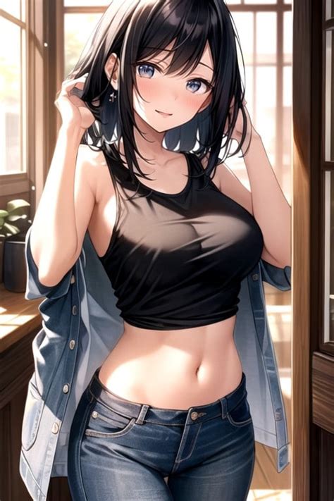 Navel Exposed Standing Touching Face AI Porn