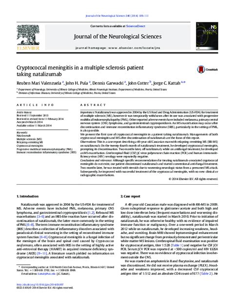 Pdf Cryptococcal Meningitis In A Multiple Sclerosis Patient Taking Natalizumab