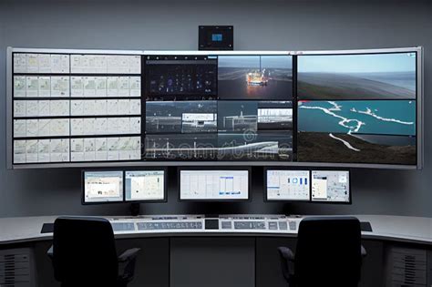 Monitoring Station With Camera Feeds And Screens Displaying Security Footage Stock Illustration