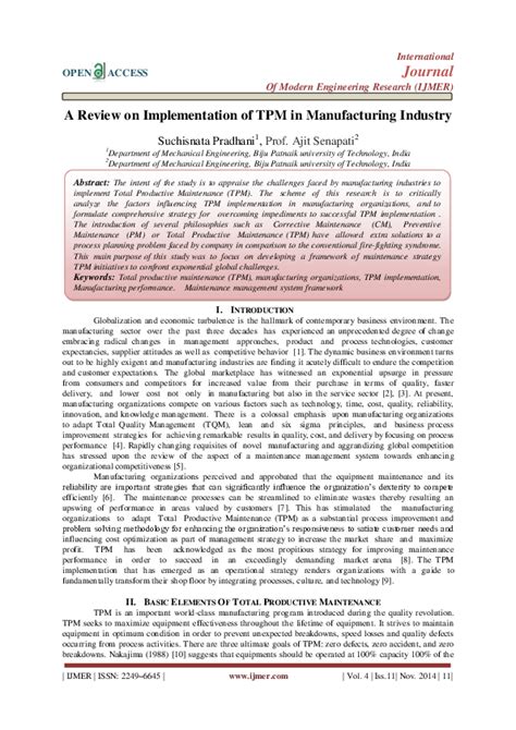 Pdf A Review On Implementation Of Tpm In Manufacturing Industry