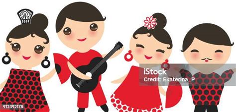 스페인 플 라 멩 코 댄서 카드 디자인 배너 서식 파일입니다 분홍색 뺨 윙크 하는 눈을 가진 귀여운 귀여운 얼굴입니다 집시 소녀와 소년 레드 블랙 화이트 드레스 폴카 도트