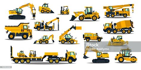 노란색으로 건설 장비의 큰 세트 건물 작업을 위한 특수 기계 지게차 크레인 트랙터 불도저 트럭 자동차 콘크리트 믹서 트레일러 벡터 일러스트 흙 파는 기계에 대한 스톡 벡터