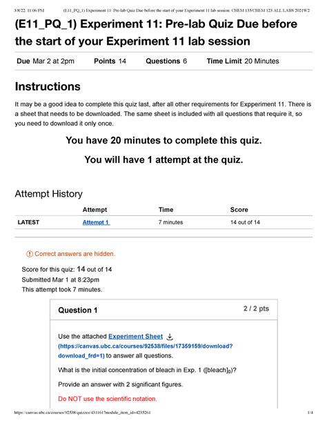 E11 Pq 1 Experiment 11 Pre Lab Quiz Due Before The Start Of Your Experiment 11 Lab Session