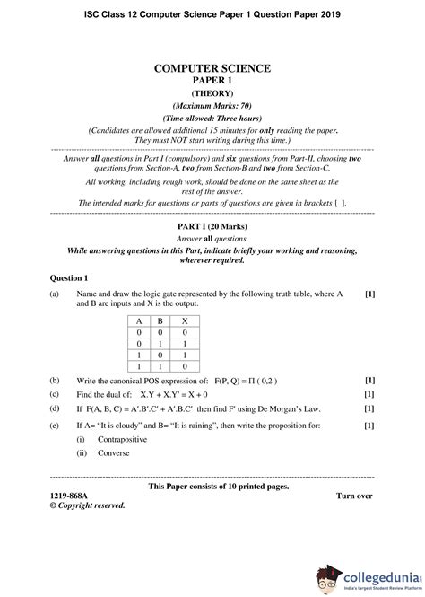 Isc Class 12 Computer Science Paper 1 Question Paper 2019 With Answer
