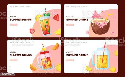 여름 음료와 함께 트렌디한 색상으로 디자인된 여름 랜딩 페이지 세트 웹 페이지 디자인 벡터 템플릿입니다 웹 사이트 및 모바일 웹 사이트 개발을 위한 최신 벡터 일러스트레이션